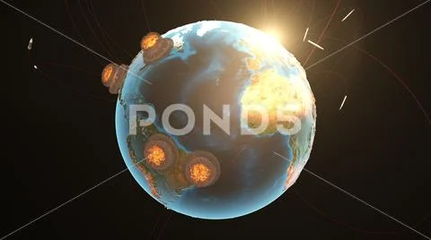 3d Illustration of a nuclear war seen on a screen in the command center ...