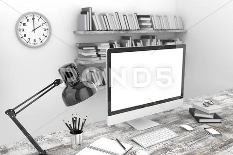 3D illustration PC screen on table in office, Workspace ~ Clip Art ...