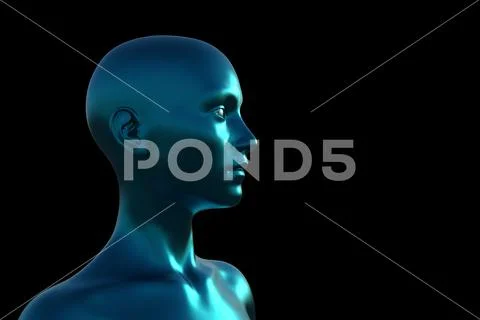 3d illustration. Portrait of a blue bald woman on a black background ...