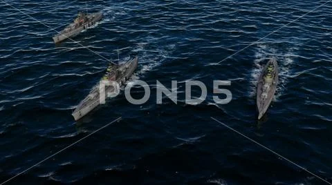 3d illustration of three warships in a battle group formation at sea ...