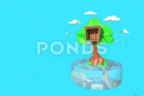 3D illustrator of house on the tree. 3D rendering of a low polygon ...