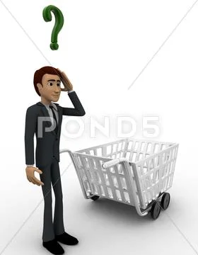 3d man confused and with cart and green question mark concept: Royalty ...