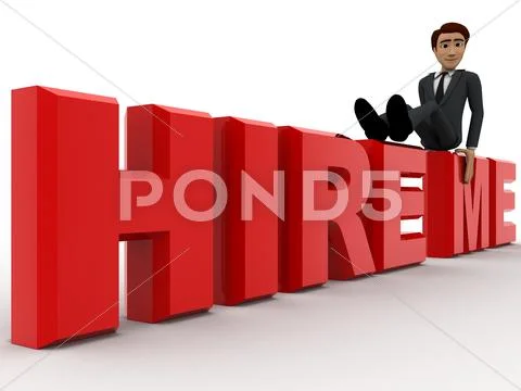 3d man sitting on hire me text concept: Royalty Free #52695190