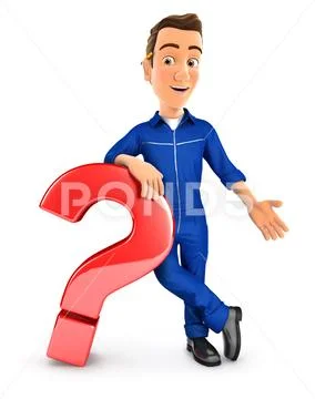 3d mechanic leaning against question mark: Royalty Free #124534750