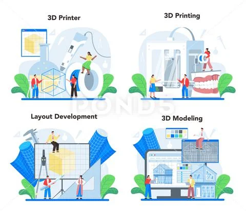 3D modeling concept set. Digital drawing with electronic tools and ...