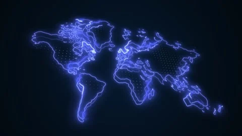3D Neon Blue World Map Borders Outline L... | Stock Video | Pond5
