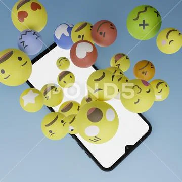 3d phone model with flying 3d emoticons on a light blue background ...