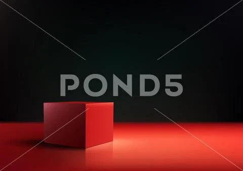3D realistic red box podium stand minimal wall scene on black ...