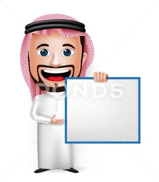 3D Realistic Saudi Arab Man Cartoon Character Holding Blank White Board ...