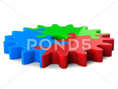 3d Red Green Blue Puzzle Gear, Isolated on White ~ Clip Art #51307231