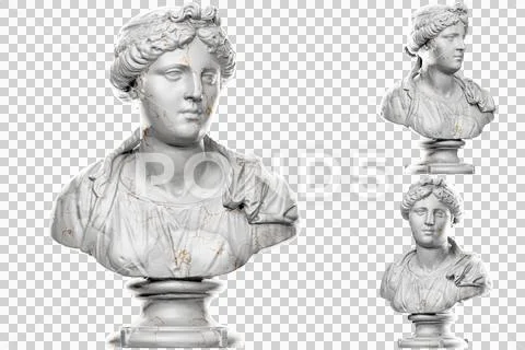 3D render of a bust statue of a young woman with stone texture and gold ...