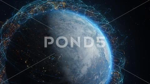 3D Render of futuristic animation of digital lines over the Earth globe ...