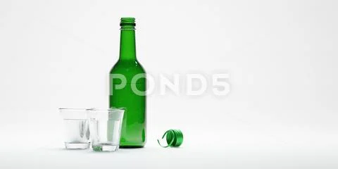 Photograph: 3d render of isolated korean soju bottles and glasses ...