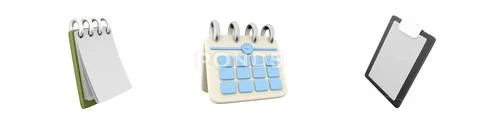 3d render notebook, calendar, folder icon set on white background. 3d ...