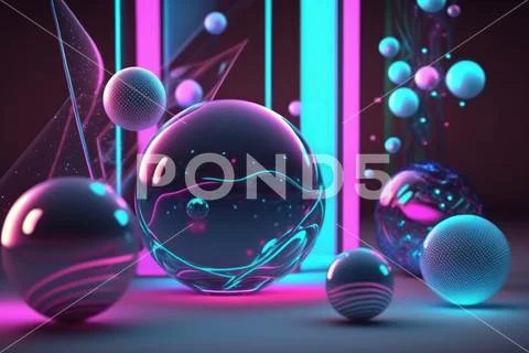 3D render realistic neon lights lines and bubbles background vector ...
