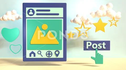 3D Render Social Media platform, low poly apps, with love, stars icon ...