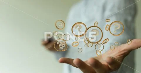 3D rendering of digital question marks floating above a hand ~ Hi Res #195558198