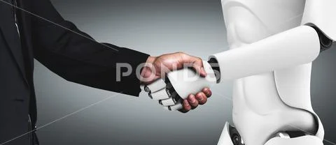 3D rendering humanoid robot handshake to collaborate future technology ~ Clip Art #143615523