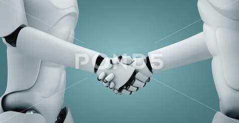 3D rendering humanoid robot handshake to collaborate future technology Illustration #147526048