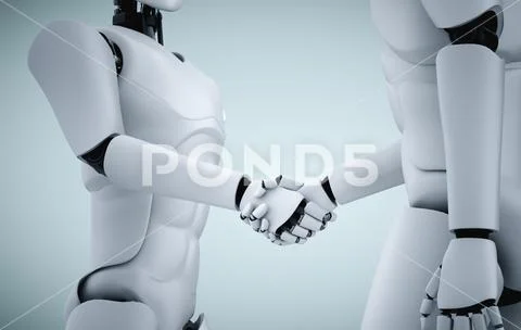 3D rendering humanoid robot handshake to collaborate future technology: Graphic #150252185