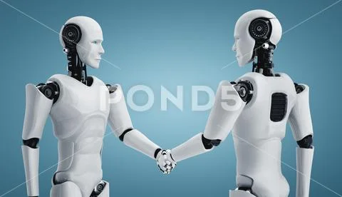 3D rendering humanoid robot handshake to collaborate future technology: Graphic #153761829