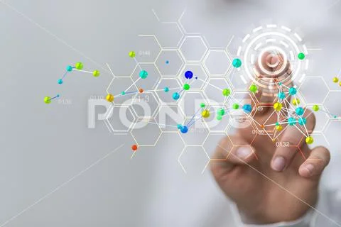 3D rendering of a man pointing at floating chemical structures Stock Photo #166791065