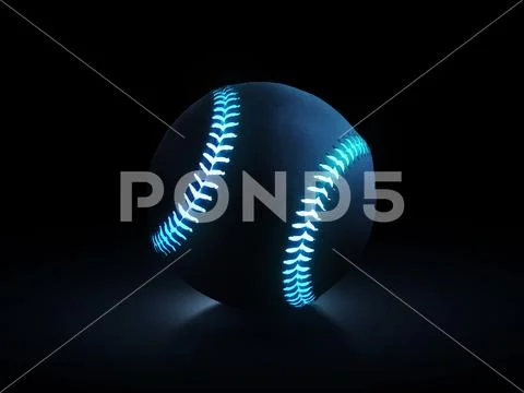 3D rendering of single black baseball ball with bright blue glowing neon line Clip Art 221119731