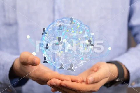 A 3d rendering of a team connection and network symbol and a male hand ...