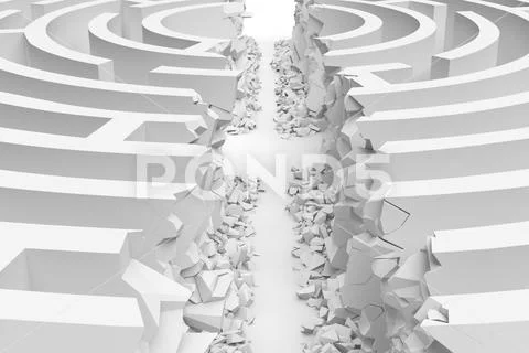 3d rendering of a white round maze with its walls broken by a straight ...