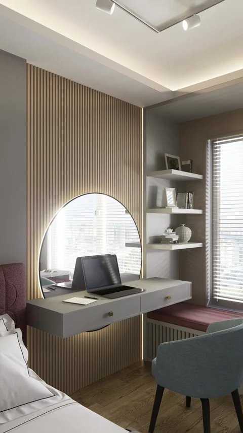 3d rendering. Workplace with a round mir... | Stock Video | Pond5