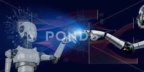 3D robotic render showing metaverse and data science algorithm digital dat..: Graphic #291007965