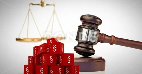 3D Section symbol icons and justice gavel with balance scales: Royalty ...