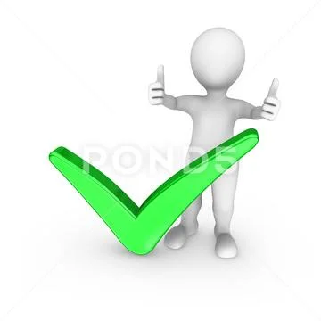 3d white man with big green check mark shows double thumbs up gesture ...