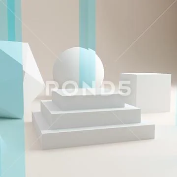 3d white stand render with simple 3d shapes and glass columns ...