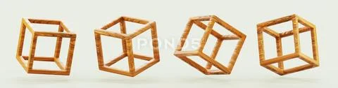 3d wooden cube block frame, wireframe square box in different angles ...