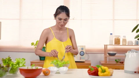 4K, Beautiful Asian woman, In kitchen, s... | Stock Video | Pond5