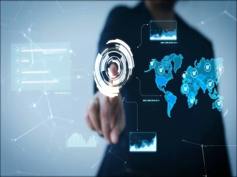 4K Business woman pointing finger on HUD | Stock Video | Pond5