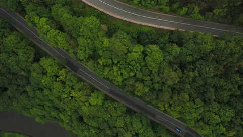 4K Drone Birds Eye View Forest Road to R... | Stock Video | Pond5