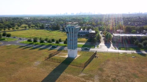 4K flyby Mueller Airport Control Tower i... | Stock Video | Pond5