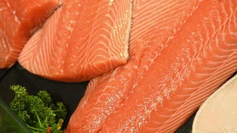 4K Fresh salmon fillet on supermarket co... | Stock Video | Pond5