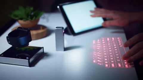 4K Hand Typing on Virtual Laser Projecti... | Stock Video | Pond5