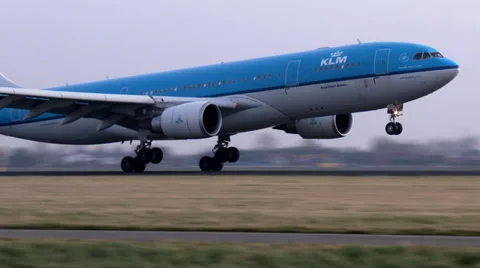 4K KLM close up view of airplane landing | Stock Video | Pond5