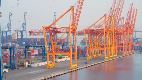 4k, Port cranes and many containers in t... | Stock Video | Pond5