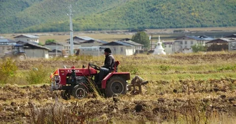 4k tibetan people use farm tractor Arabl... | Stock Video | Pond5