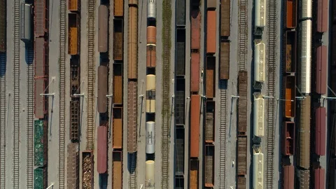 4k top down aerial shot of a rail yard | Stock Video | Pond5