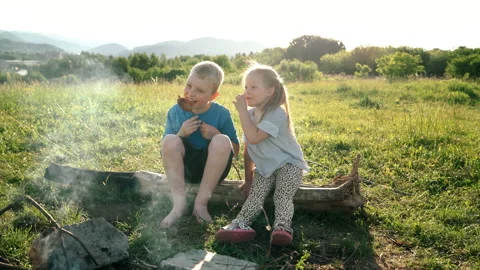 4K Two children sitting on wooden log at... | Stock Video | Pond5