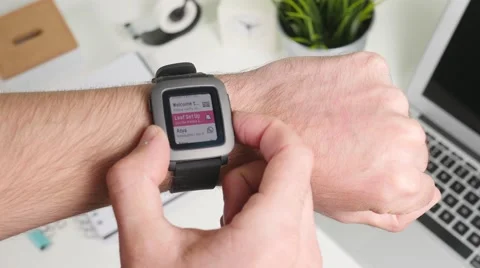 4K Using Smartwatch On Wrist Desk Office... | Stock Video | Pond5