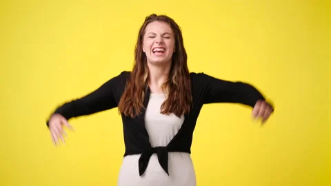 4k video of girl raising hands in surpri... | Stock Video | Pond5