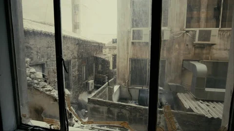 4K Window view at collapsed, half-ruined... | Stock Video | Pond5