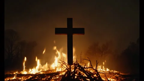 4K Zoom Out Cross in Front of Fire at Ni... | Stock Video | Pond5